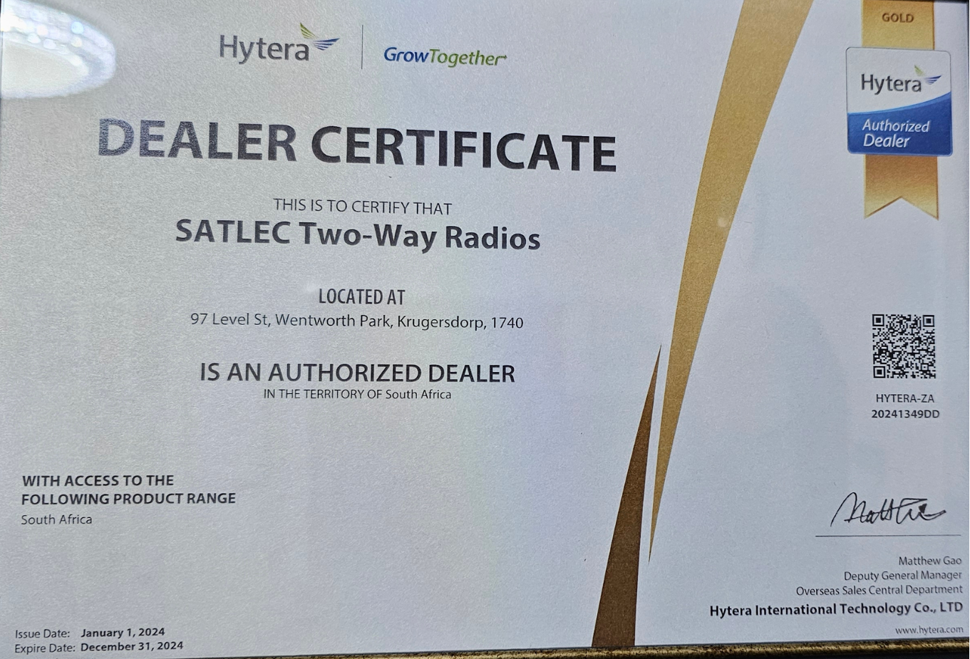 The Year 2024, Hytera Gold Certificate – SATLEC