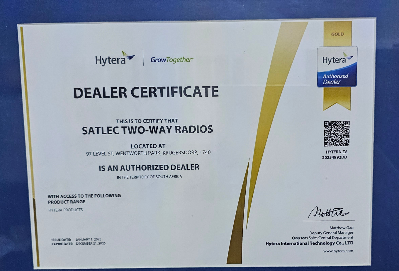 The Year 2025, Hytera Gold Certificate Award – SATLEC