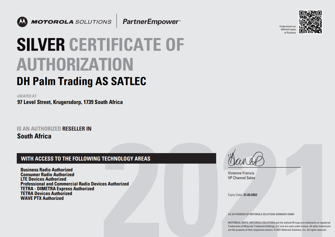 Year 2021, Motorola Silver Certificate of Authorization – SATLEC